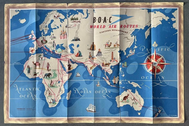 BOAC ORIGINAL AIRLINE Route Map Poster 1949 Eastern & Western ...