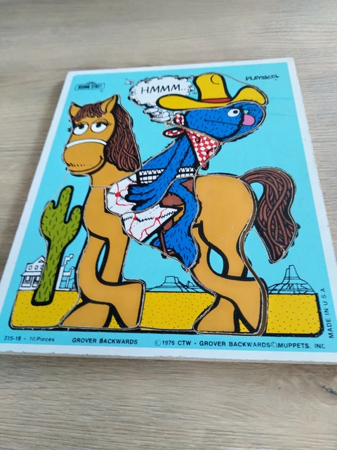 VINTAGE WOODEN JIGSAW 1976 Grover Backwards, Muppets, Playskool, Sesame ...