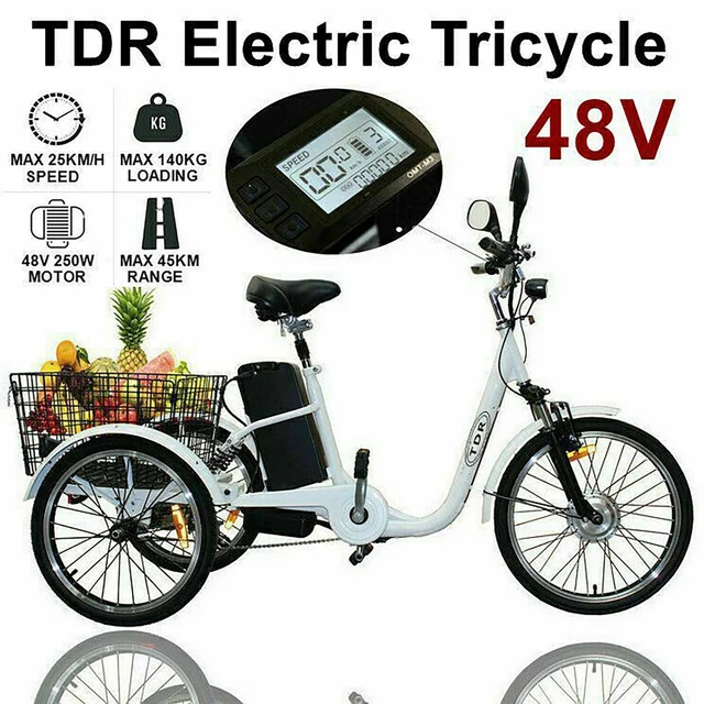 2023 WHITE HEAVY Duty TDR Electric Tricycle eBike 48V 10Ah 250W 3-Wheel ...