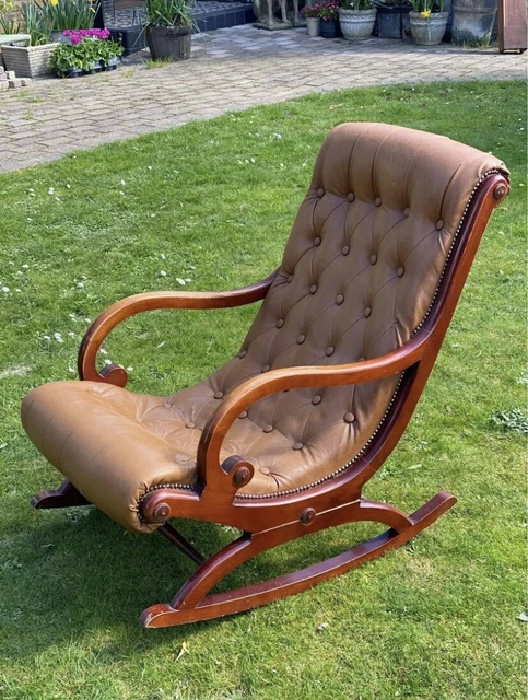 ANTIQUE TAN, CHESTERFIELD Style Slipper Rocking Chair Cracked Leather ...