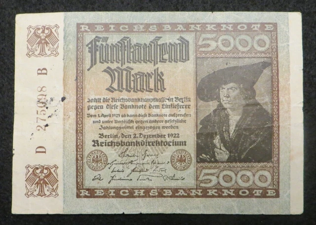 REICHSBANKNOTE - HYPER-INFLATION, 5-Thousand Mark Note - December 1922 ...