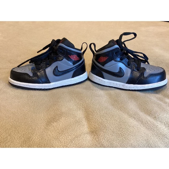 KID'S NIKE AIR Jordan 1 Mid Shadow Red TD, Black & Gray w/red detail ...