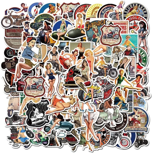 100PC PIN-UP MOTORCYCLE Girl Stickers Vintage Women Sexy Beauty Pinup ...
