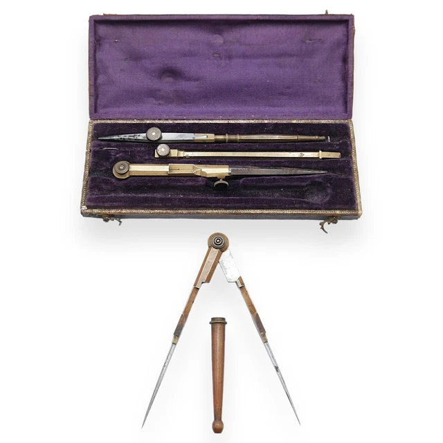 ANTICO KIT COMPLETO COMPASSO ottone da viaggio carteggio 1800 ...