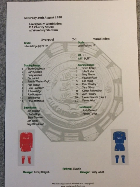 1988 FA CHARITY Shield Wimbledon v Liverpool matchsheet £2.75 - PicClick UK