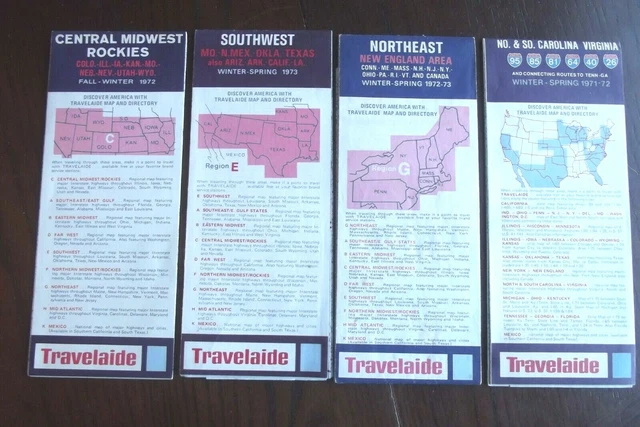 4 TRAVELAIDE GAS Oil Road Maps Southwest Northeast Central Midwest ...