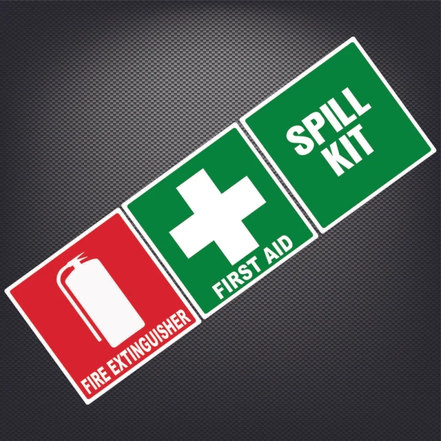 FIRST AID AND Fire Extinguisher Spill Kit WHS Sticker Health Safety ...