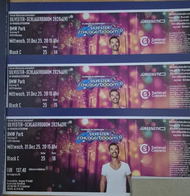 SILVESTER SCHLAGERBOOOM 2026 Florian Silbereisen 3 Karten Block C EUR ...