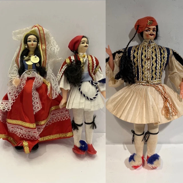 VINTAGE GREEK DOLLS Pair Traditional Dress Folk Souvenir Greece Lot Of ...