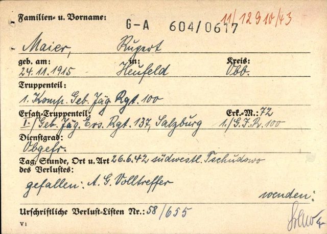 STERBEBILD WK2 HEUFELD Obb Obergefreiter 1. Komp. Geb. Jäg. Rgt. 100 ...