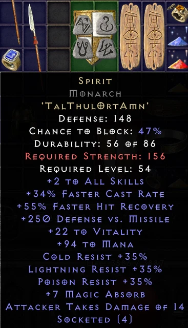 DIABLO 2 RESURRECTED D2R: Spirit Monarch Runeword 34FCR Softcore -PC(NA ...