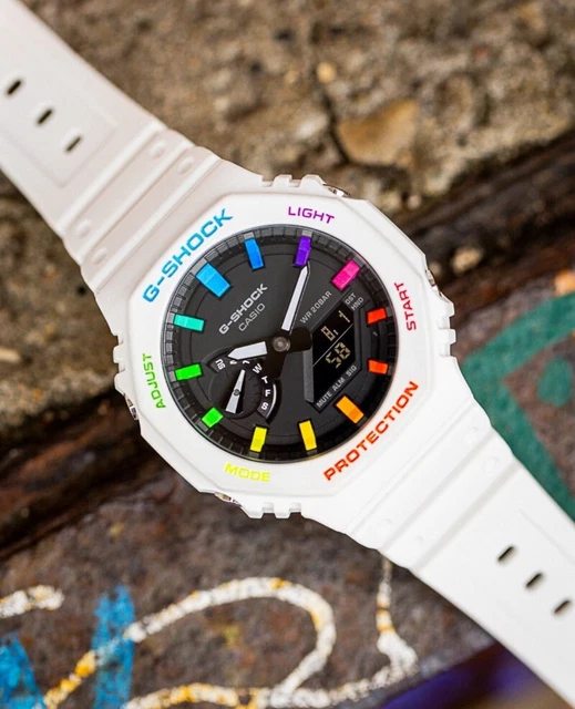 CUSTOM MADE MODS Watch Colorful Rainbow Casio G-Shock White Watch ...