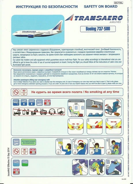 TRANSAERO RUSSIAN AIRLINE Boeing 737-500 Airline Safety Card EUR 13,96 ...