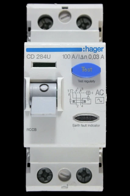 HAGER 100 AMP 30mA DOUBLE POLE RCCB RCD TYPE AC CD 284U 164355 £29.95 ...