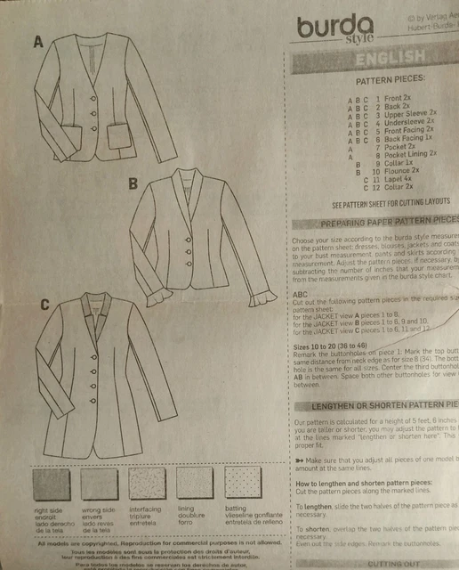 BURDA SEWING PATTERN 6569 Women's Jacket Longline Jacket Blazer Size 8 ...