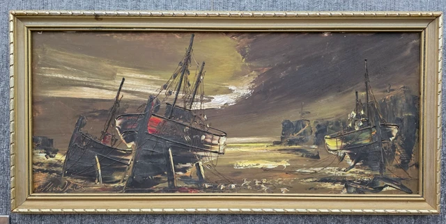 BILL HAWKES LARGE Original Oil Painting Depicts Boats Moored On Beach ...