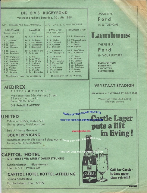 BRITISH LIONS V Orange Free State Rugby Union issue 20 Jul 1968 RUGBY ...