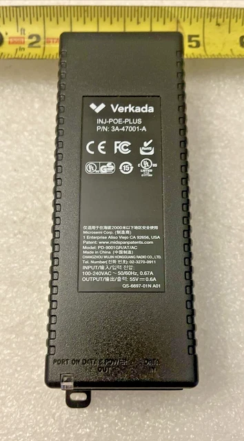 VERKADA PORT POWER Over Ethernet INJ-POE-PLUS 3A-47001-A 55V QS-6697 ...