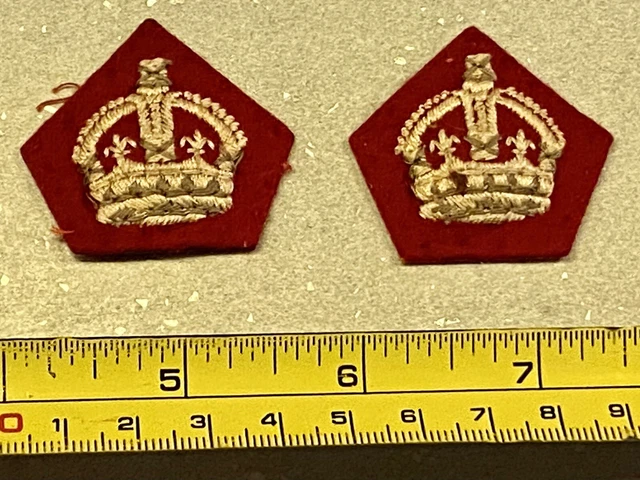 WW2 BRITISH ARMY Cloth Rank Insignia Crowns x2, Cherry/Maroon Backing ...