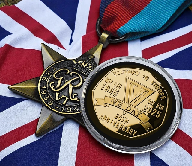 VE DAY 80TH Anniversary 24ct Gold Commemorative Coin & 1939-45 Star ...