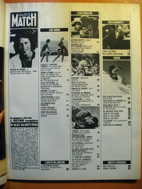 PARIS MATCH N° 1635 du 26/09/1980- Rosnay 12 jours sur l'océan. Action ...