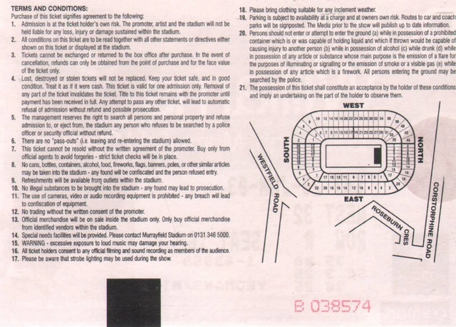ROBBIE WILLIAMS MURRAYFIELD Stadium 28th June 2003 ticket UK Ticketek ...