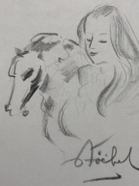 ANCIEN DESSIN, CRAYON signé Edgar Stoebel jeune fille au cheval école ...