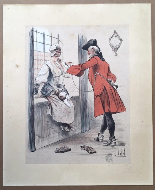 LITHOGRAPHIE ORIGINALE LOUIS Vallet Scène Galante Costume XVIIIe Humour ...