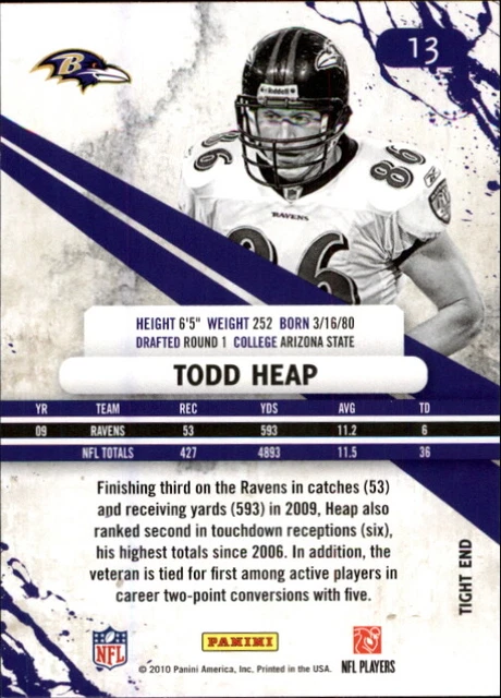 CARTE DE FOOTBALL 2010 Rookies and Stars #13 Todd Heap EUR 2,20 ...