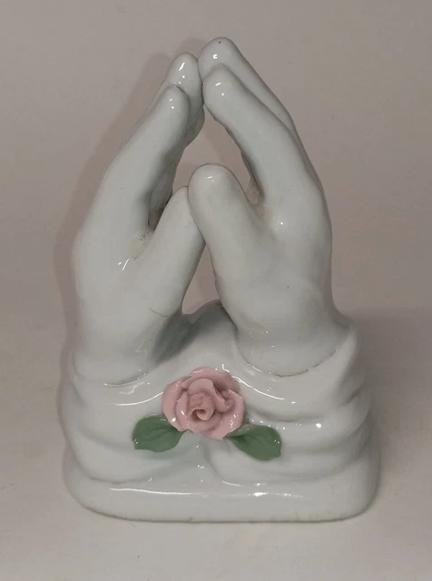 CERAMIC RELIGIOUS FIGURE of praying hands with pink flower and green ...
