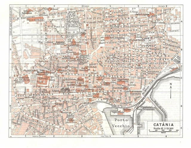 CARTA GEOGRAFICA ANTICA CATANIA pianta della città del TCI 1940 Antique ...