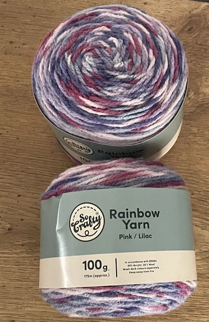 SO CRAFTY RAINBOW yarn 2 x 100g balls pink lilac mix - 200g aran cakes 20% wool £8.99 - PicClick UK