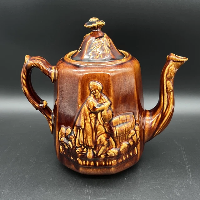 ANTIQUE ROCKINGHAM GLAZE Rebekah at the Well Pottery 9" Teapot c. 1850 ...