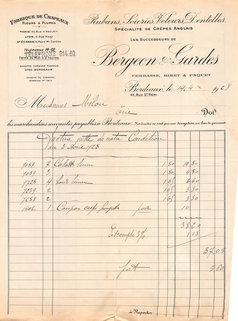 FACTURE 1928 RELEVE DE FACTURES SOIERIES BERGEON & GARDES A BORDEAUX ...