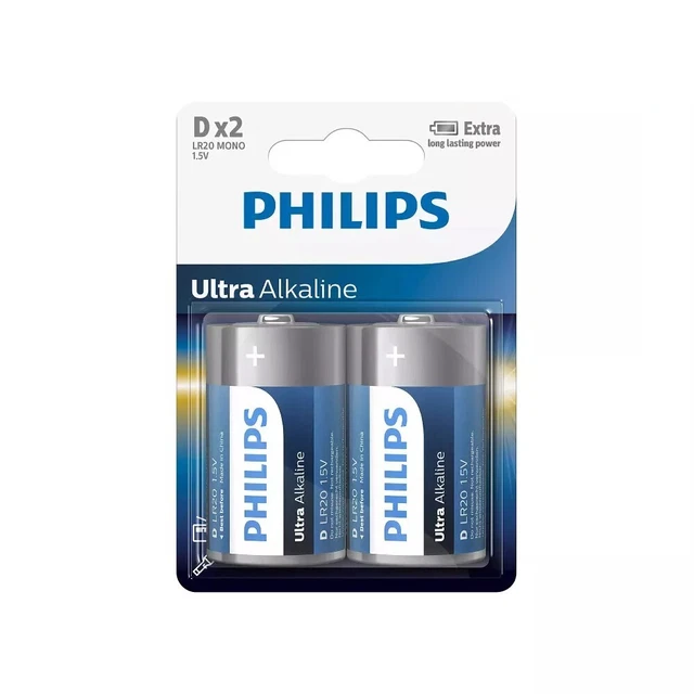 2 PHILIPS ULTRA Alkaline D Batteries 1.5v Bulb Lr20 Mono 2bl Exp 2029 ...
