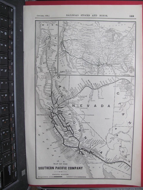 ORIGINAL 1898 SOUTHERN PACIFIC RAILROAD SYSTEM MAP in CALIFORNIA OREGON ...