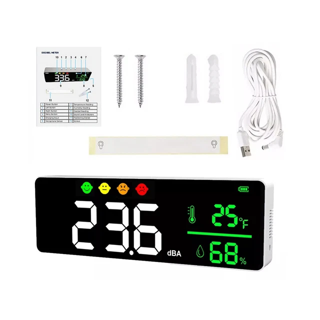 SMART SOUND LEVEL Meter Led Wall Mount Noise Detector 30-130db Temp ...