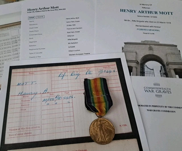 WW1 VICTORY MEDAL, Pte Mott, 9th Rifle Brigade, KIA, Upton Park, Essex ...
