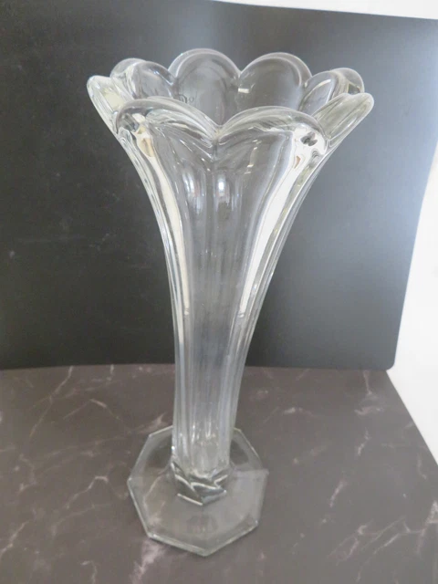 VINTAGE CLEAR TALL vase flared rim, thick glass, scalloped rim, 12 in ...