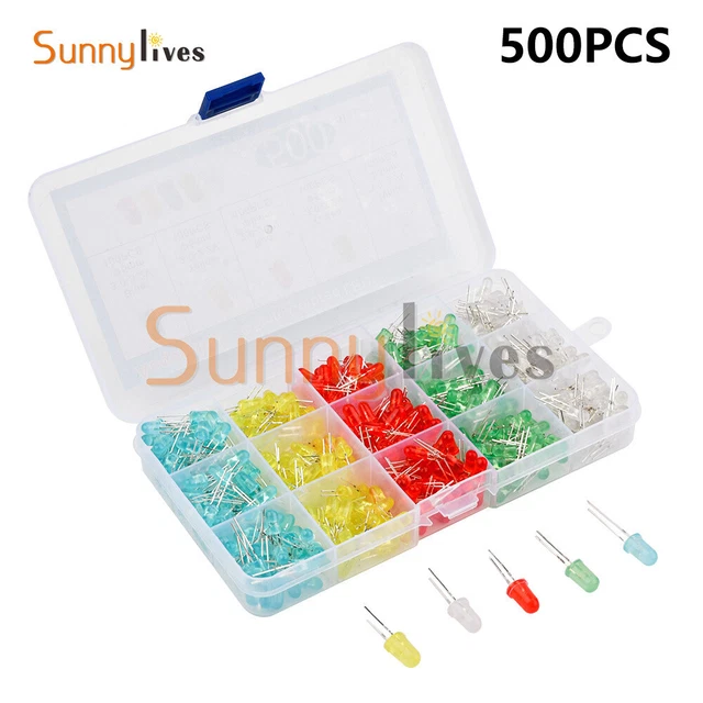 500 PIECES 5V 1A 5mm Round LED Light Emitting Diodes 5 colors Assorted ...