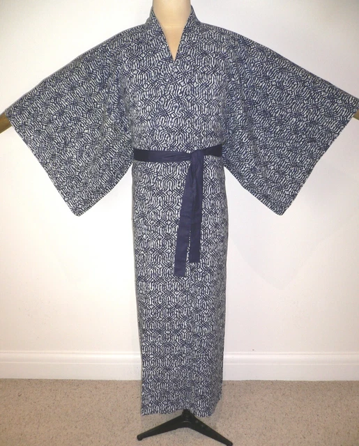 RARE VINTAGE MEN'S Japanese Yukata Blue & White Cotton Kimono Robe ...