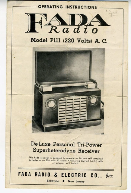 1950S FADA RADIO Operating Brochure Belleville NJ £21.23 - PicClick UK