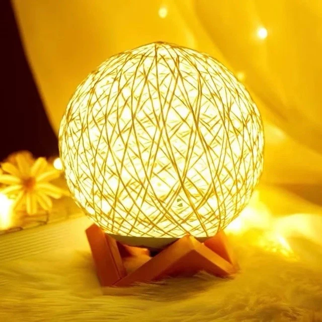 RATTEN BALL LAMP LED Table Bedside Light USB Powered Atmosphere Lights ...