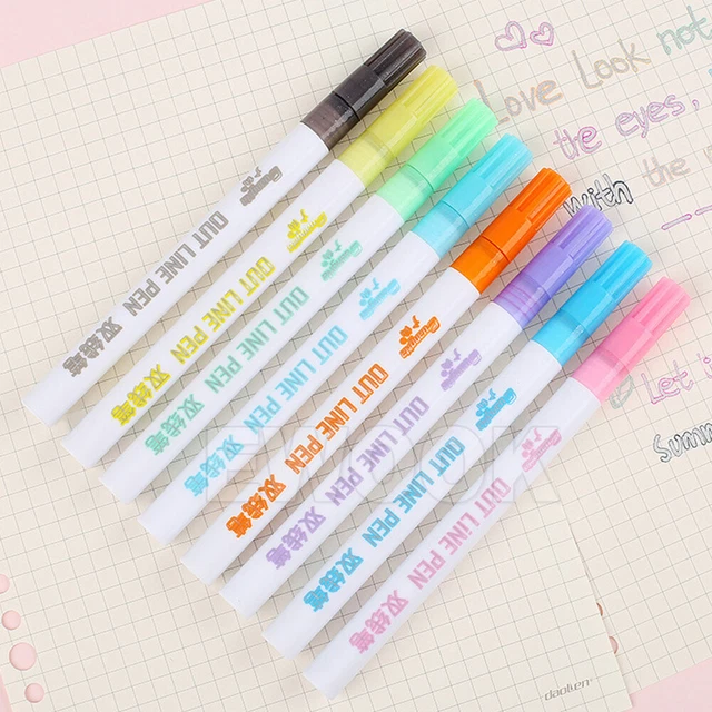 8 COLORS CARD Writing Drawing Double Line Outline Pen Highlighter ...