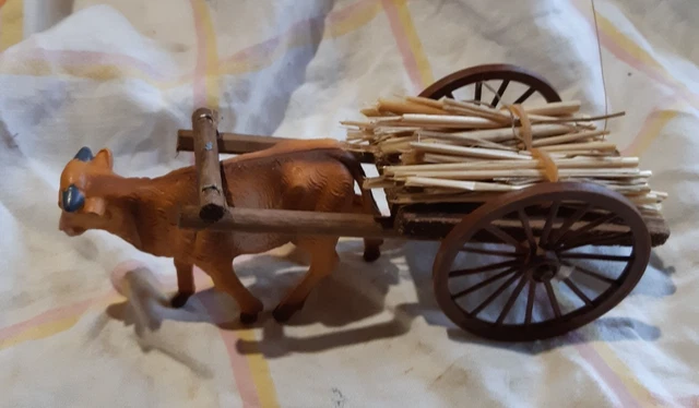 CRECHE SANTON Ancienne Charette Tire Par Un Boeuf Longueur 20Cm EUR 25 ...