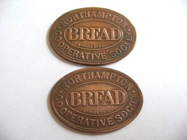 NORTHAMPTON CO-OP;TWO OVAL Tokens For Bread, Cooperative Society Ltd-B ...