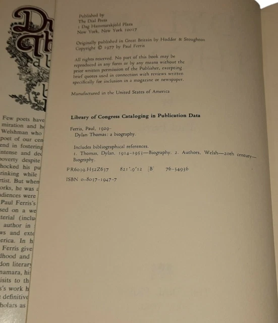 DYLAN THOMAS A Biography of the Welsh Poet by Paul Ferris Book Club ED ...