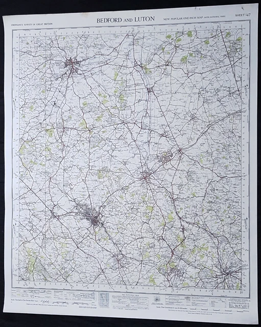 1946 ORDNANCE SURVEY Large Antique Map of Bedford & Luton, Bedfordshire ...