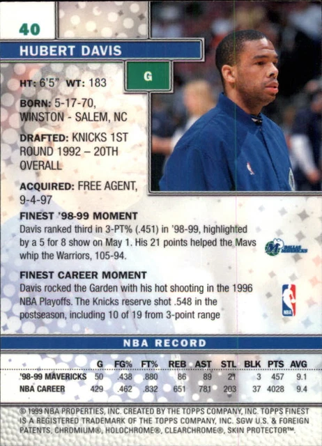 1999-00 FINEST DALLAS Mavericks Basketball Card #40 Hubert Davis EUR 1 ...