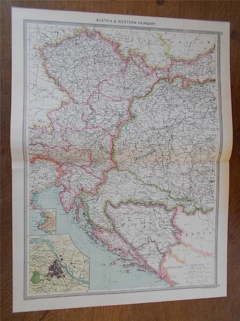 ANTIQUE C1904 COLOUR map of AUSTRIA & WESTERN HUNGARY HARMSWORTH ATLAS ...